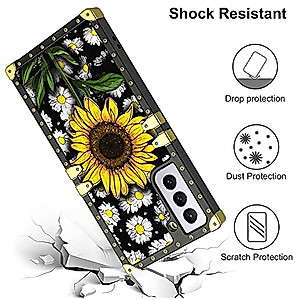KANGHAR Designed for Samsung Galaxy S21 5G Case Sunflower with Tempered Glass Screen Protector Lanyard Strap Ring Holder Kickstand for Women Girls Flower Daisy Square with Finger Grip Stand 6.2"