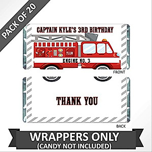 Firetruck Candy Bar Labels, Personalized Party Favors for Kids, Firefighter Birthday, Pack of 20 Hershey Chocolate Bar Wrappers