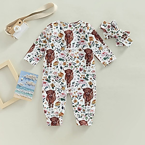 Karuedoo Western Baby Girl Clothes Cow Print Long Sleeve Romper Jumpsuit Zip Up Onesie Bodysuit Headband Cute Cow Outfit (A Beige, 0-3 Months)
