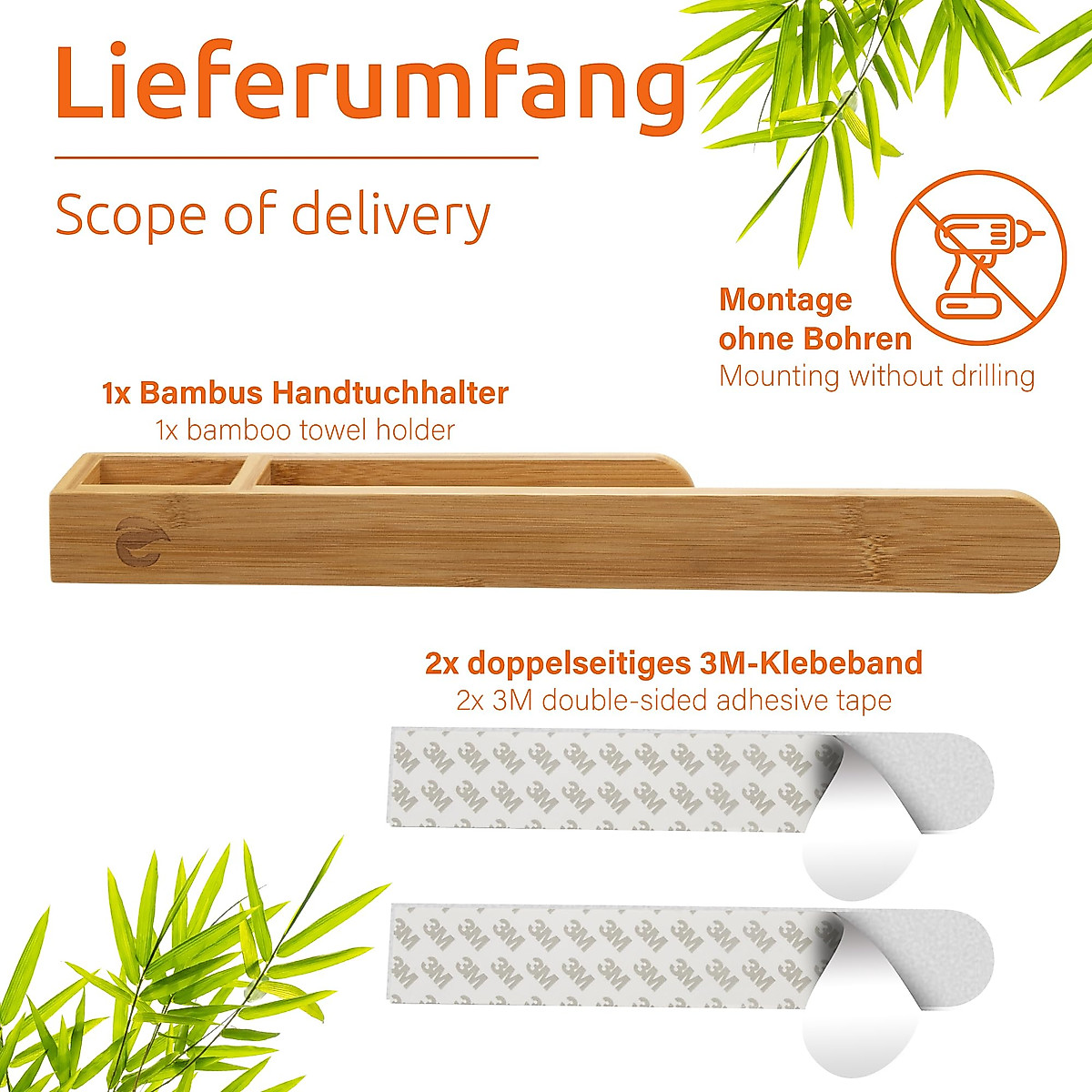 ECENCE Hand Towel Holder Bamboo Wood Adhesive Wall Mounted, Hand Towel Bar for Bathroom Guest Hand Towel Rack 15.16"