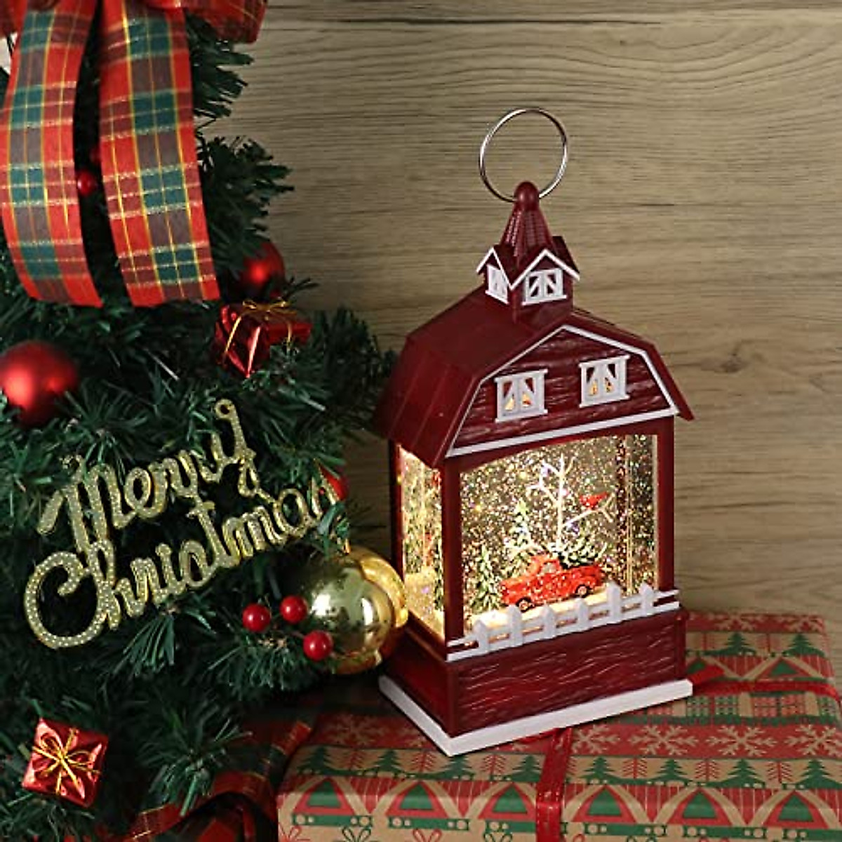 Lasumora Musical Snow Globe Lantern with 6H Timer, Lighted USB/Battery Operated Swirling Singing Water Glittering Lantern, Snow Globes Lantern for Christmas Home Decoration and Gift