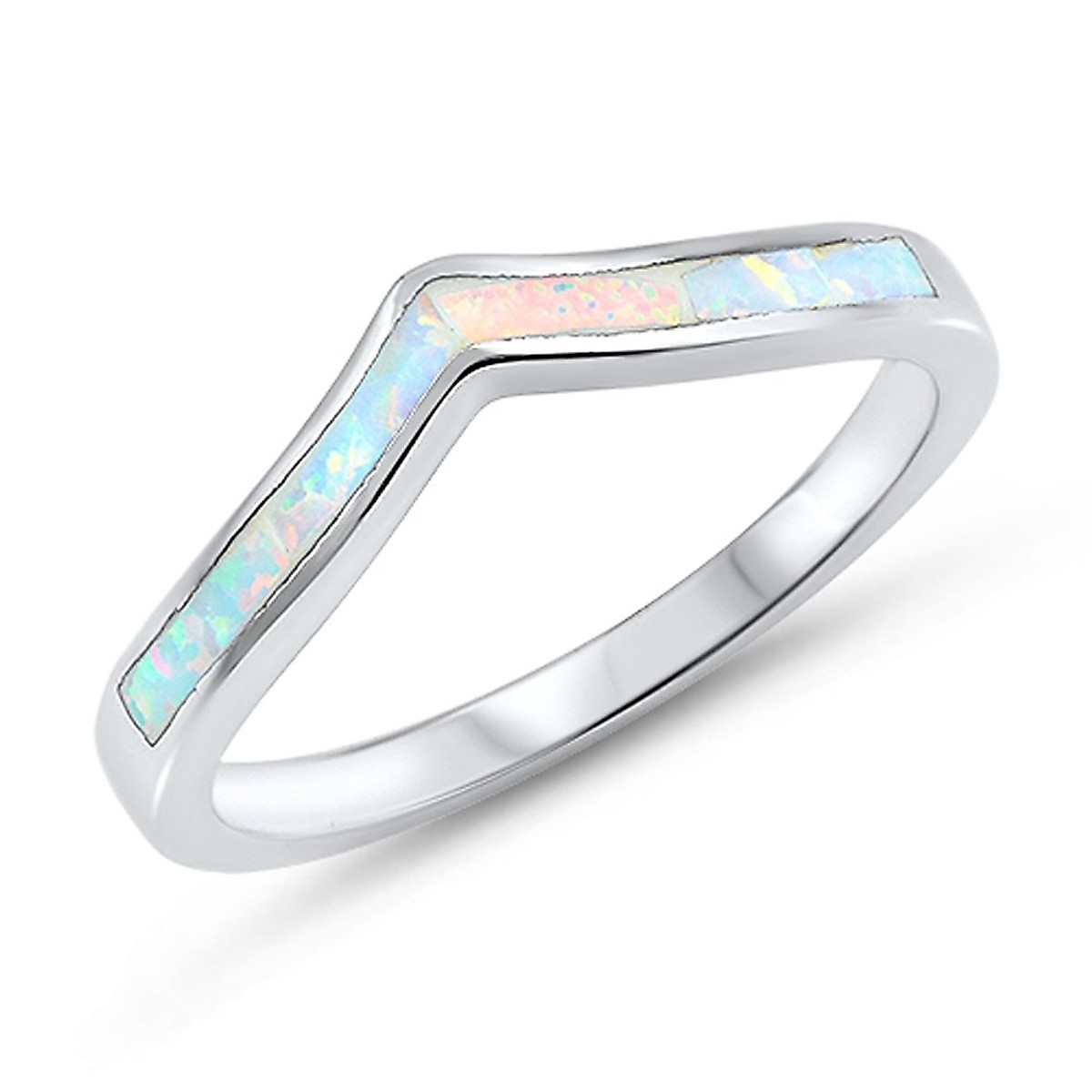 White Simulated Opal Chevron Thumb Pointed Ring .925 Sterling Silver Band Size 10