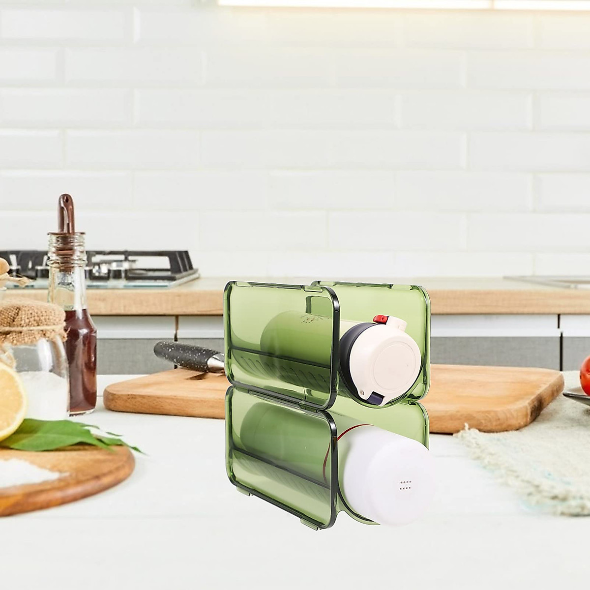 Beavorty Water Bottle Organizer 2pcs Refrigerator Wine Rack Stackable Champagne Dispenser Tray Holder for Fridge Cabinet Pantry Kitchen Countertops Green