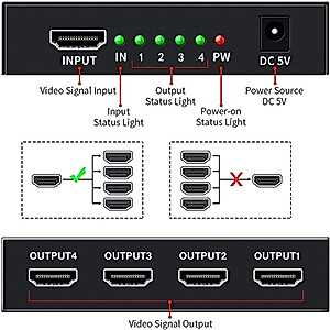 Tolmnnts HDMI Splitter 1 in 4 Out Powered by AC Adapter, Hdmi powered Splitter Supports 4K@30Hz 3D Full HD1080P, Compatible with Xbox PS3 PS4 Fire Stick Roku Blu-Ray Player HDTV - 1 Input to 4 Outputs