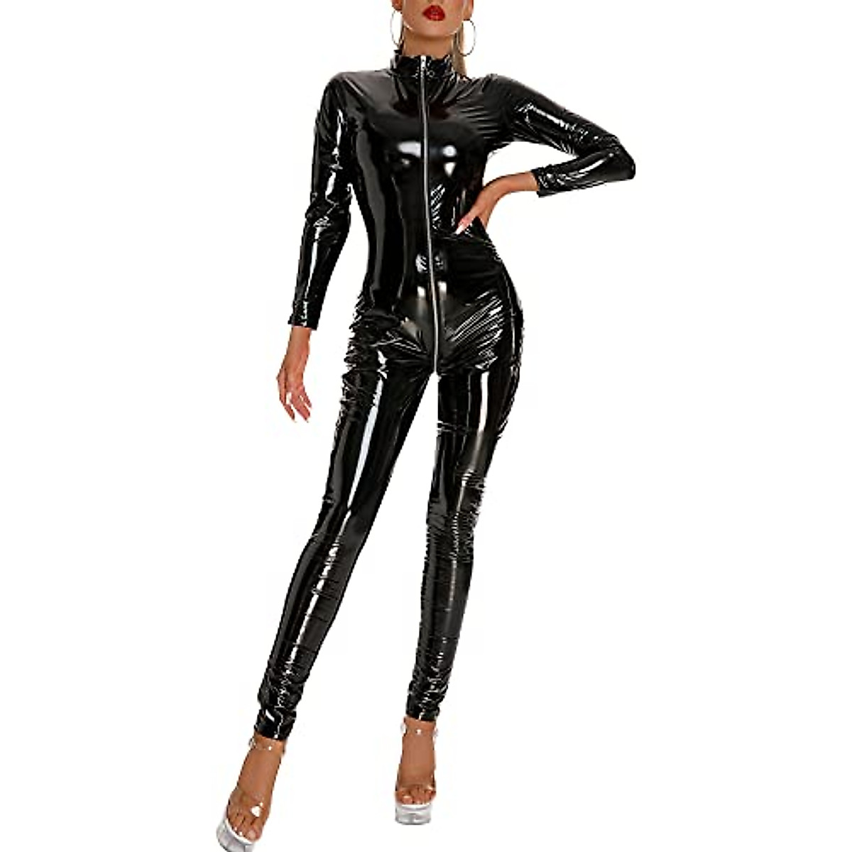 FEOYA Women’s Leather Body Suit Sexy Zipper Patent Lingerie Teddies Party Club Baby Dolls Bodysuit Wetlook Latex Liquid Jumpsuit Clubwear