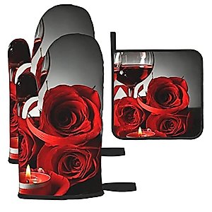 YILEQUAN Red Rose Wine Glass and Candle Print Oven Mitts Pot Holders Sets,Kitchen Glove High Heat Resistant 500 Degree Potholder,Surface Safe for Baking, Cooking, BBQ,Pack of 3