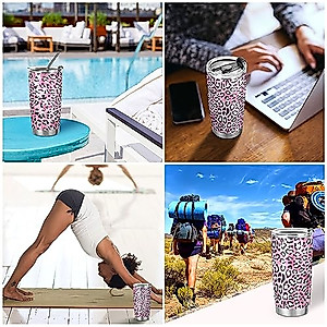 Jihqo Pink Leopard Tumbler with Lid and Straw, Insulated Stainless Steel Tumbler Cup, Double Walled Travel Coffee Mug Thermal Vacuum Cups for Hot & Cold Drinks 12oz