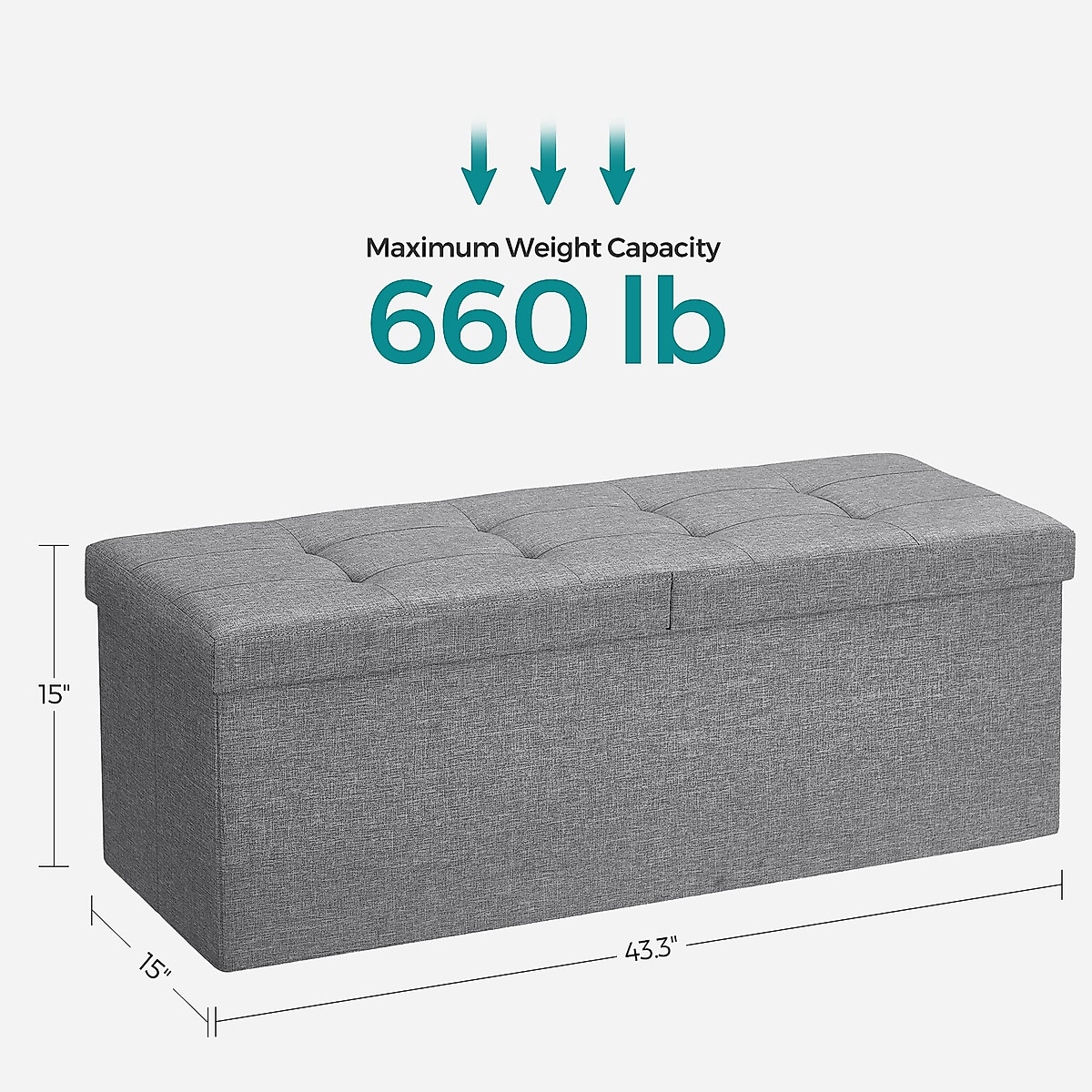 SONGMICS Storage Ottoman, Foldable Storage Bench, 15 x 43 x 15 Inches, Flipping Lid, 660 lb Load Capacity, for Entryway, Living Room, Bedroom, Ash Gray ULSF71G