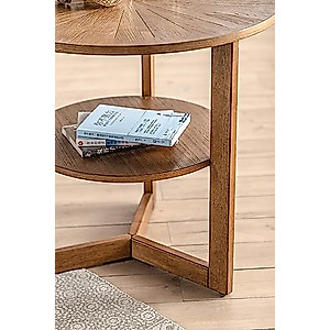 DS-HOMEPORT Round Wood Coffee Table for Living Room, 2 Tier Sturdy Circle Round Coffee Table with Large Storage, Rustic Farmhouse Round Coffee Table, 35.3''Dx17.8''H