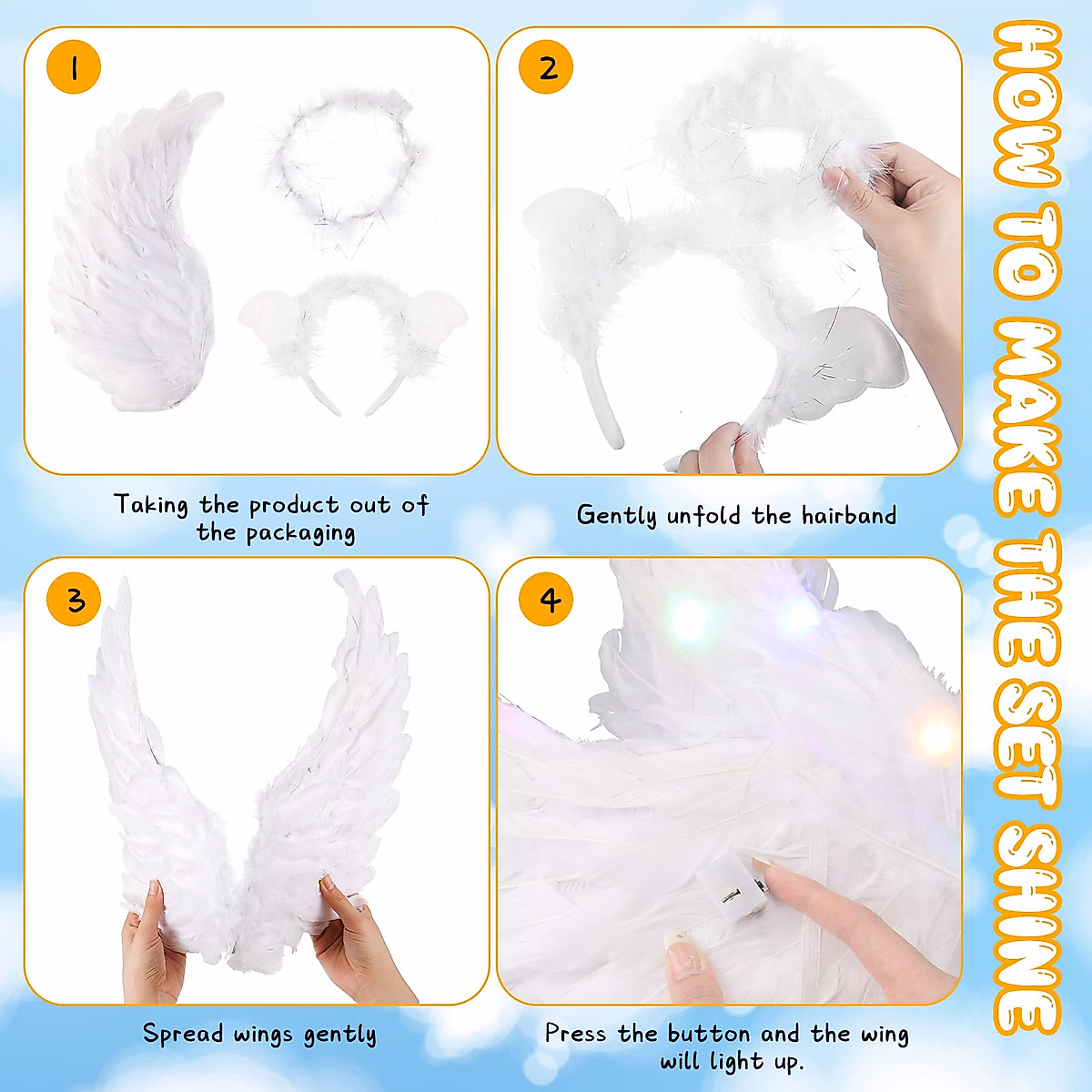 Liitrsh 4 Sets Light up Angel Wings and Headband Set White Angel Wings Costume for Girls Led Angel Feather Wings for Kids Women Halloween Christmas
