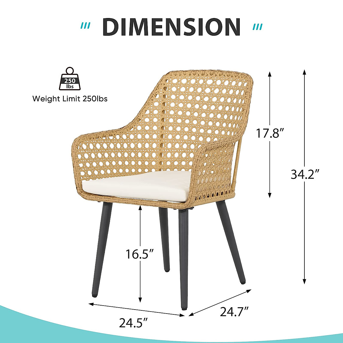 Verano Garden Patio Modern Dining Chairs Set of 2, Outdoor Rattan Dining Chair with Cushion and Armrest, Rust-Resistant Steel Frame Dining Chair Set for Yard, Porch, Deck, Lawn, Patio