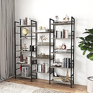5-Shelf Wide Bookshelves, Industrial Retro Wooden Style Large Open Bookcases, 69.3''L x 11.8''W x 70.1''H, Grey