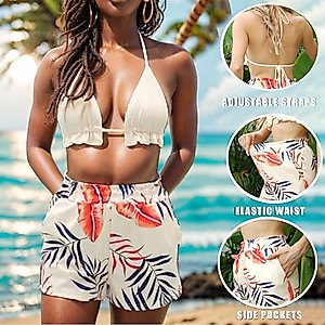 Women's Hawaiian 3 Piece Outfits Sets Floral Blouse Swimsuit Cover Ups Halter Bikini Top Mini Short Summer Beachwear Khaki XL