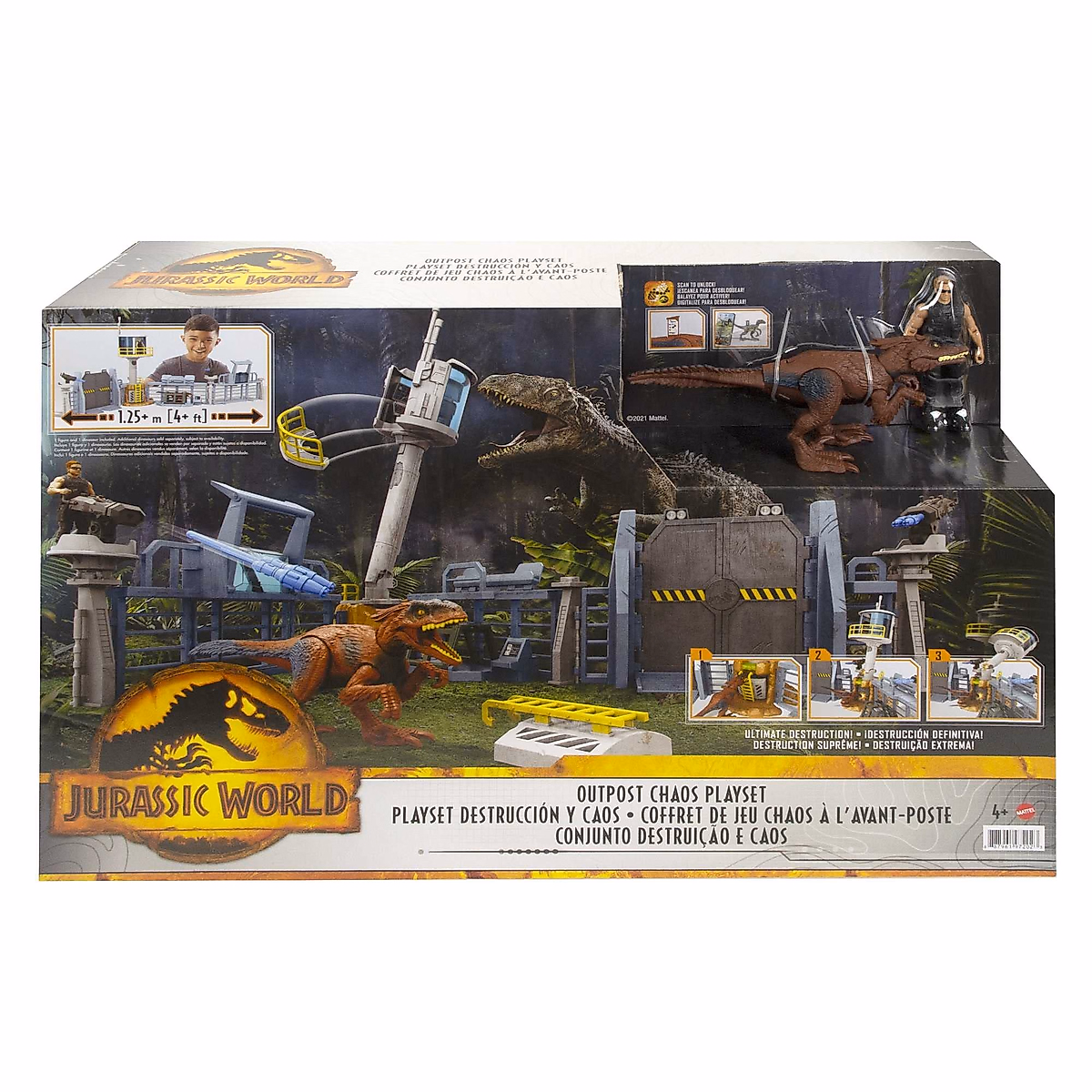 Mattel Jurassic World Dominion Outpost Chaos Playset with 1 Dinosaur & 1 Human Action Figure, 2 Blasters & More, 4ft Long, Breakaway Parts