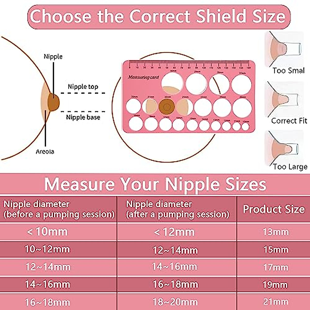 Silicone Flange Insert 13/15/17/19/21mm, Compatible with Medela, Willow, Momcozy S9/S10/S12 Wearable Hand Free Breast Pump Flange Insert, Reduce 24mm Shield/Flange Nipple Tunnel Down to Correct Size
