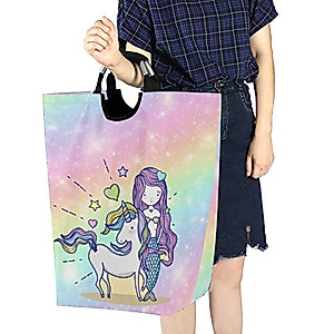 ALAZA Cute Laundry Hamper Kids Girls, Fabric Laundry Bakset Collapsible, Dirty Clothes Hamper, Rainbow Magic Unicorn Mermaid Girl