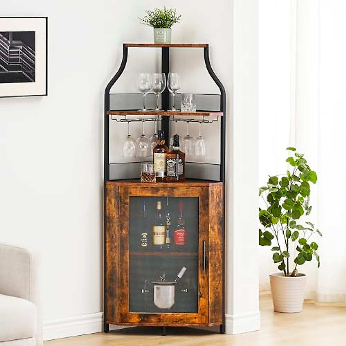 Amyove Corner Wine Bar Cabinet with Detachable Wine Rack, Industrial Wine Cabinet with Glass Holder, Small Sideboard and Liquor Coffee Bar Cabinet with Mesh Door, ‎Retro Brown