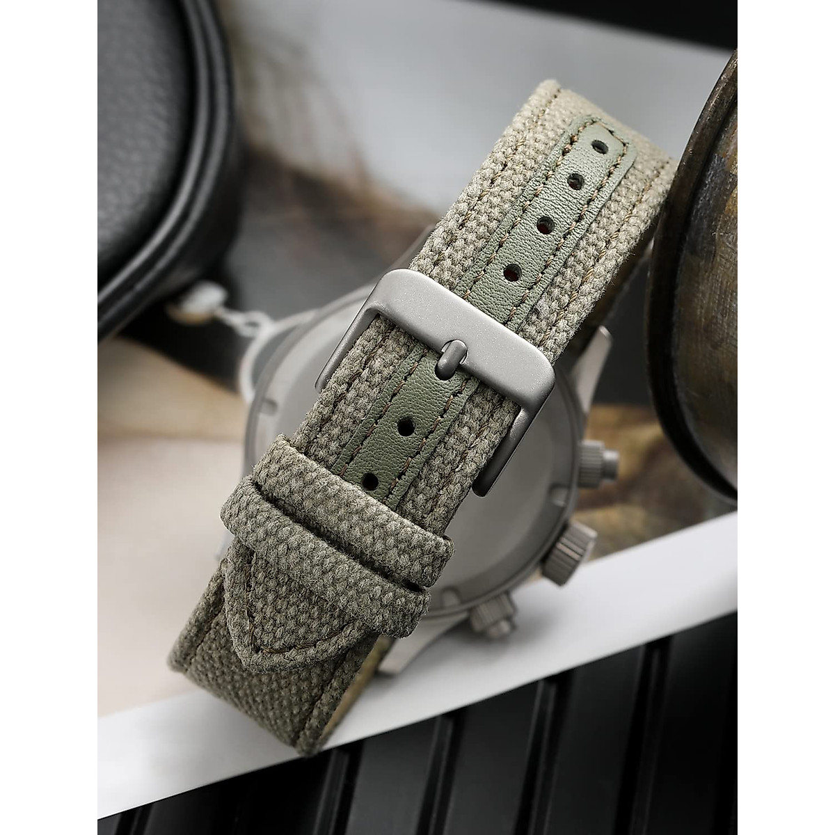 TACTICAL FROG 20mm Fast Release Nylon Watch band Military Watch Straps with Stainless Steel Buckle, Two-Piece Waterproof Nylon + Leather Watchbands for Men and Women