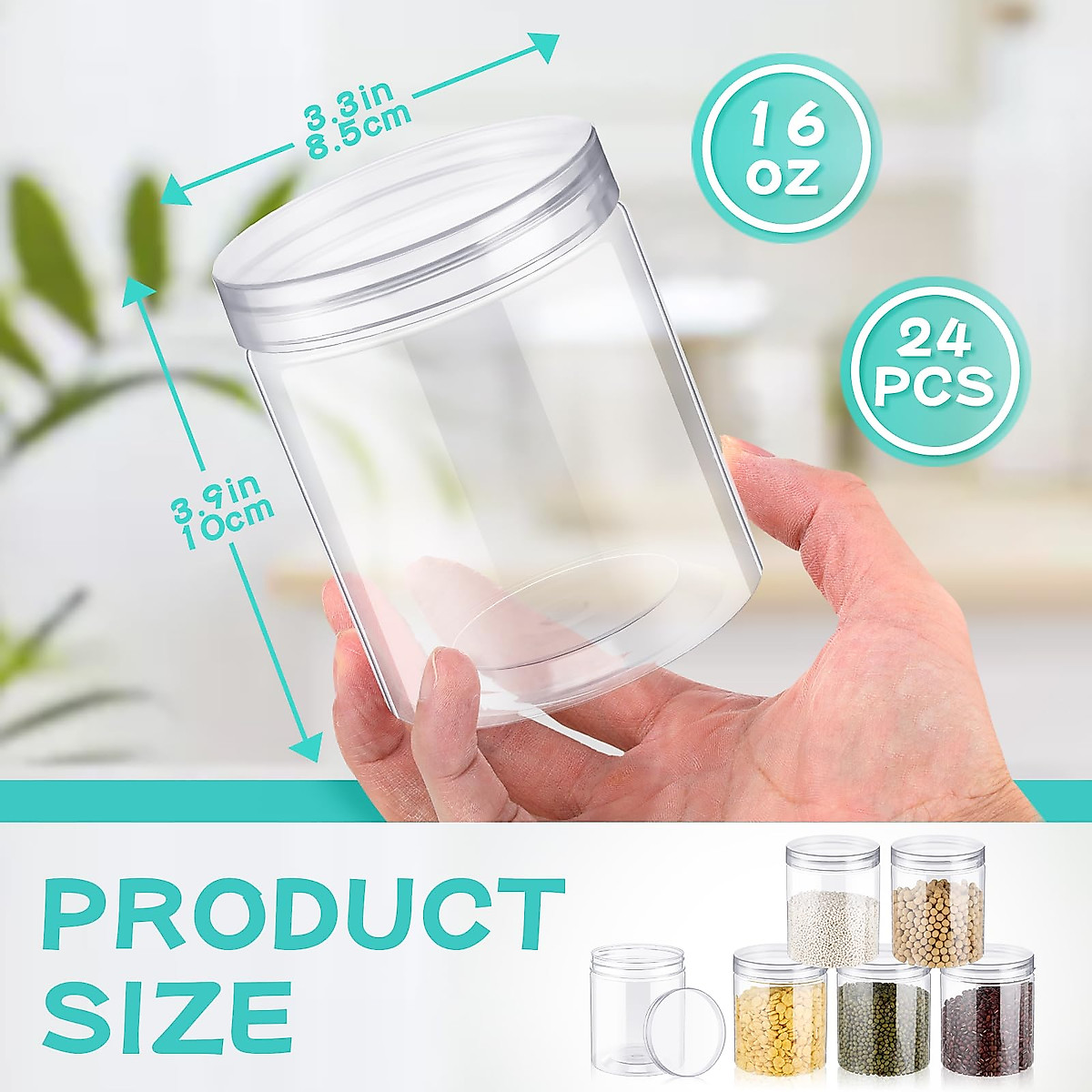 Irenare 24 Pcs 16 oz Clear Plastic Jars with Ribbed Lids Wide Mouth Food Plastic Mason Jars 16 oz Airtight Paint Storage Containers for Dried Fruit, Honey, Nuts, Kitchen Household (Clear Lids)