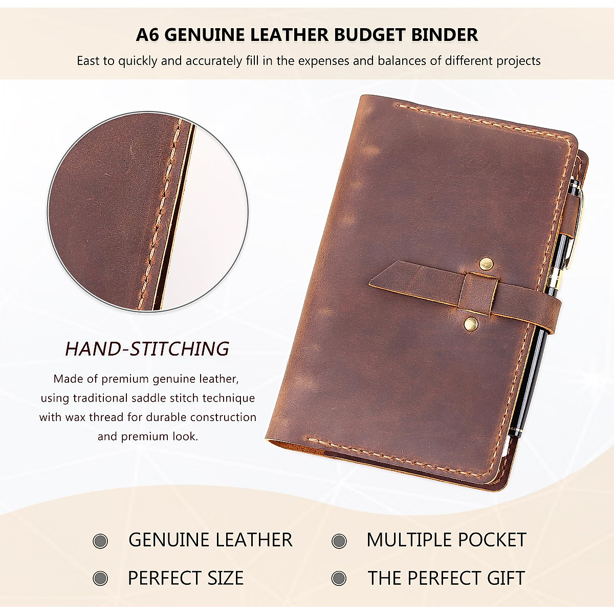 Leather Binder Budget with Cash Envelopes, Handmade Leather A6 Binder for Money Saving Planner, Cash Envelopes for Budgeting, Money Organizer for Cash - Brown