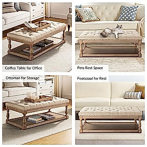 HULALA HOME Rectangle Ottoman Coffee Table with Tray, Tufted Living Room Ottoman with Solid Wood Storage Shelf, Upholstered Large Footrest Ottoman - Linen