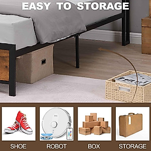 RIDFY Queen Bed Frame with LED Lights and 2 USB Ports, Industrial Platform Bed Frame with 2-Tier Storage Headboard, Heavy Duty Camas/Noise Free/No Box Spring Needed/Brown (86.6x60)