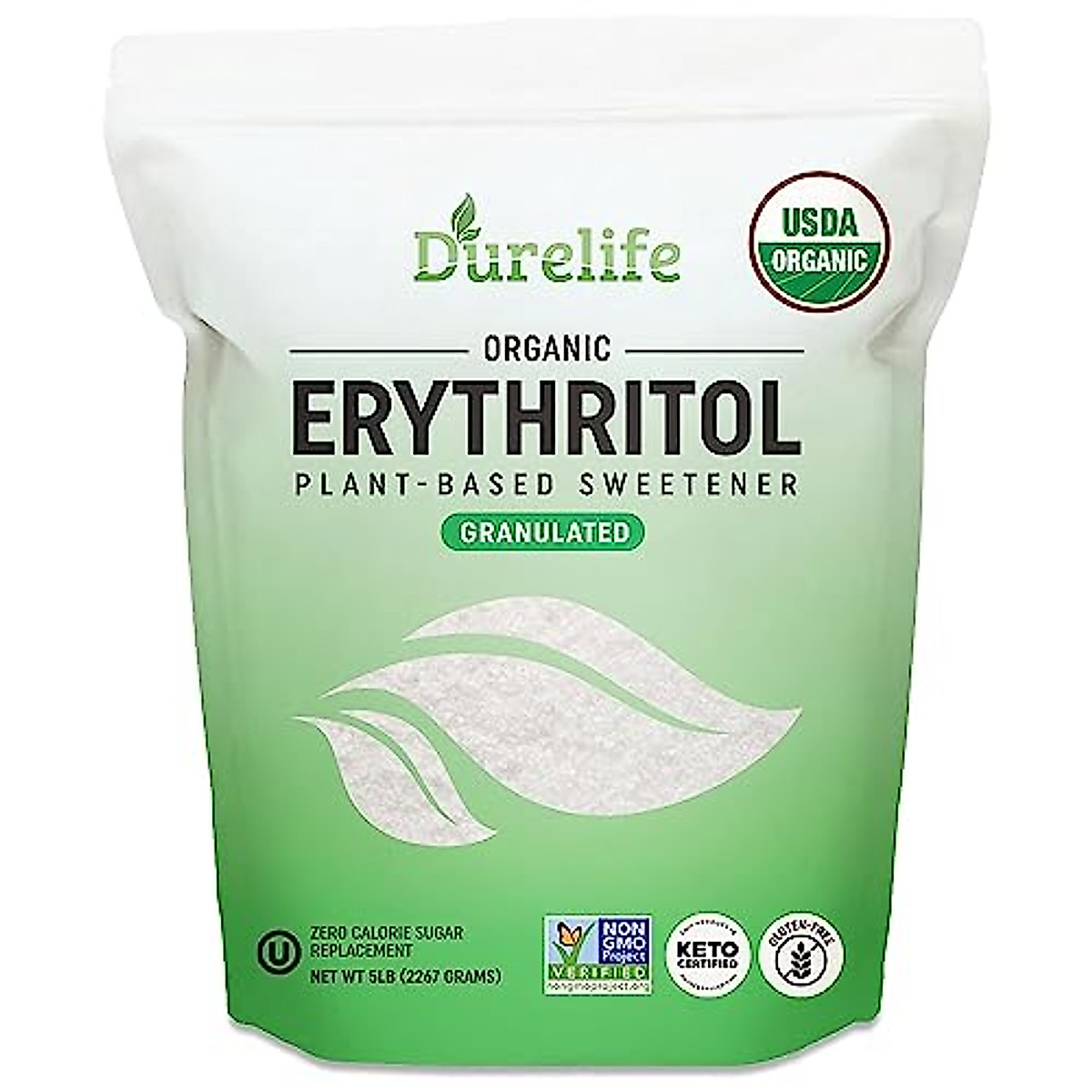 Durelife USDA organic erythritol sweetener, non gmo verified, Keto certified, No After Taste, Kosher, Zero Calorie Plant-Based Sugar Alternative (1, 5 LB (80 oz))