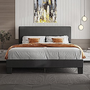 Lifezone Queen Bed Frame with Headboard,Linen Upholstered Bed Frame with Wood Slats Support,No Box Spring Needed,Heavy Duty Feet,Easy Assembly,Dark Grey