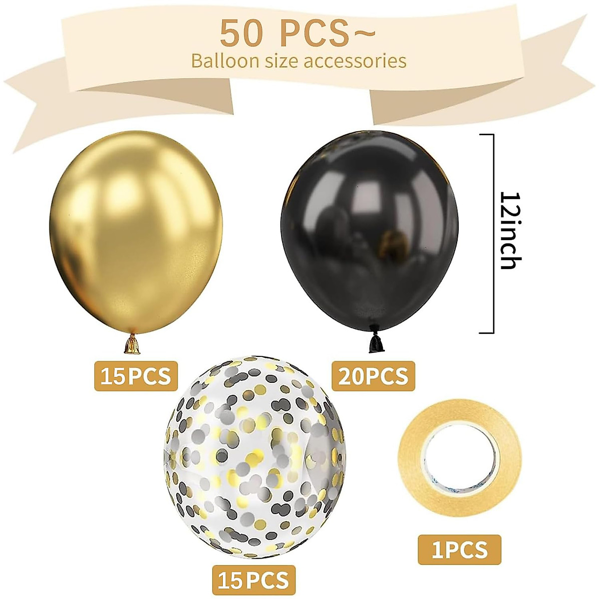 Black Gold Confetti Party Balloons, 50 pack Gold Metallic and Black Gold Silver Confetti Latex balloons for Graduation Birthday Wedding Anniversary New Year Party Decorations