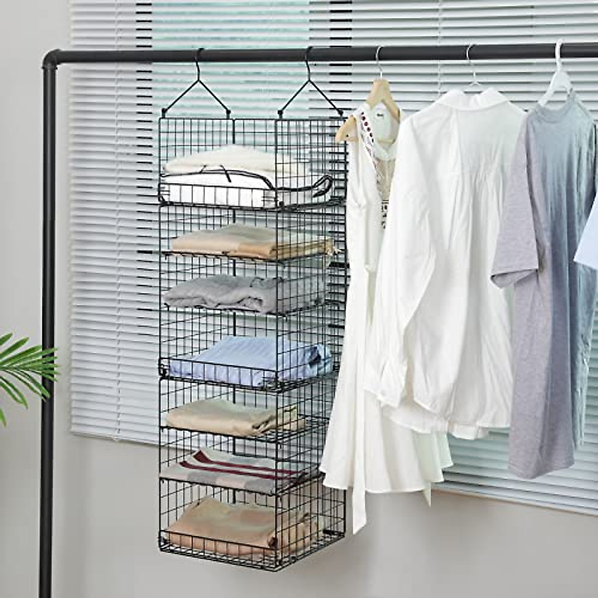 Yuyetuyo 7-Shelf Adjustable Hanging Closet Organizer, Wall Mount Clothes Shelves with 6 Adjustable Dividers for Socks Clothing Sweaters Shoes Handbags,Black