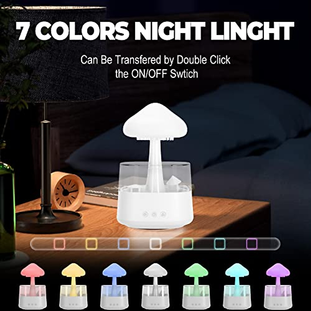 Rain Cloud Humidifier Water Drip with Adjustable LED Lights White Noise Humidification Desk Fountain Bedside Sleeping Relaxing Mood (White)