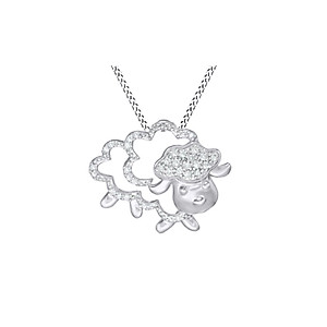 Jewel Zone US Natural Diamond Accent Sheep Pendant Necklace in 14k White Gold Over Sterling Silver