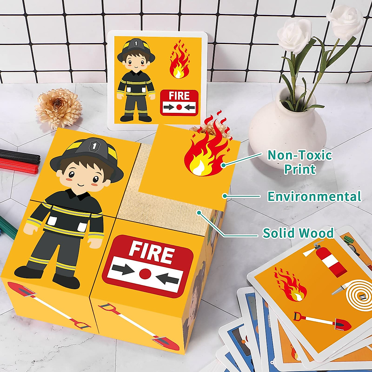 Atoylink 6 in 1 Educational Toys for 2 3 4 5 Year Old Kids Toddlers Wooden Cube Puzzles Occupations Pretend Play Matching Blocks Preschool Montessori Toys for Boys Girls Gifts - 12pcs