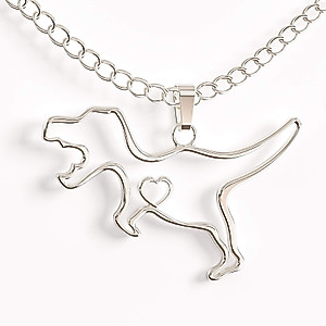 Happy Kisses Dinosaur T-Rex Necklace - Cute Pendant Gift - Sweet and Funny Message Card (Silver)