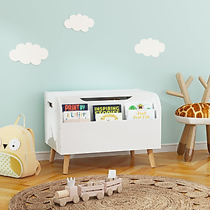 Wooden Toy Box, Kids Toy Storage Organizer with Front Bookshelf, Flip-Top Lid, Safety Hinge, Boys Girls Toy Chest Bench for Playroom Kids Room Organization (White)