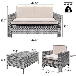 Greesum 4 Pieces Patio Furniture Sets, Wicker Rattan Sofa Chair with Soft Cushions and Sturdy Coffee Table, Outdoor-Indoor Use for Backyard Porch Garden Poolside Balcony, Gray and Beige