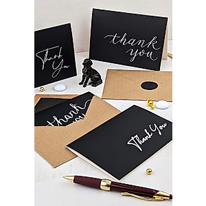 100 Black Thank You Cards with Brown Kraft Envelopes and Stickers - 4 Designs Bulk Notes for Official, Formal, Office, Graduations, Business, 4x6 Inch Folded