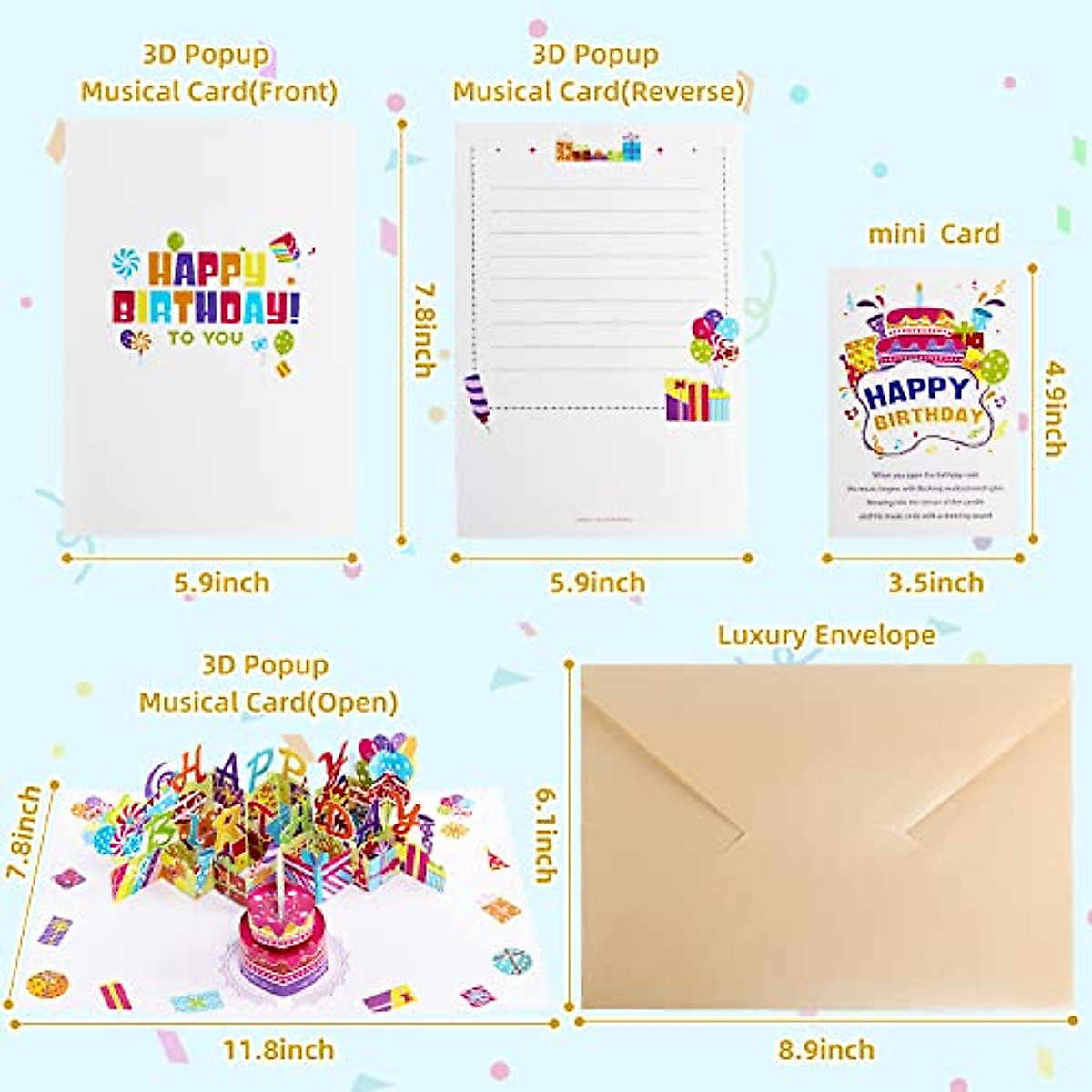 Gumry BLOWABLE & LIGHTS & MUSIC Pop-up Musical Birthday Card, Happy Birthday Card with Classic Bday Music, Cheers Sound,Color-Changing Lights,Colourful Greeting Cards for Kids Wife Husband Women & Men