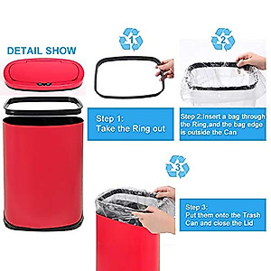 13.2 Gallon Trash Can Kitchen Bathroom Bedroom Stainless Steel Automatic Garbage Can with Odor Control System, 50 Liter Semi-Round No Touch Motion Sensor with Plastic Lid Brushed Waste Bin-Red