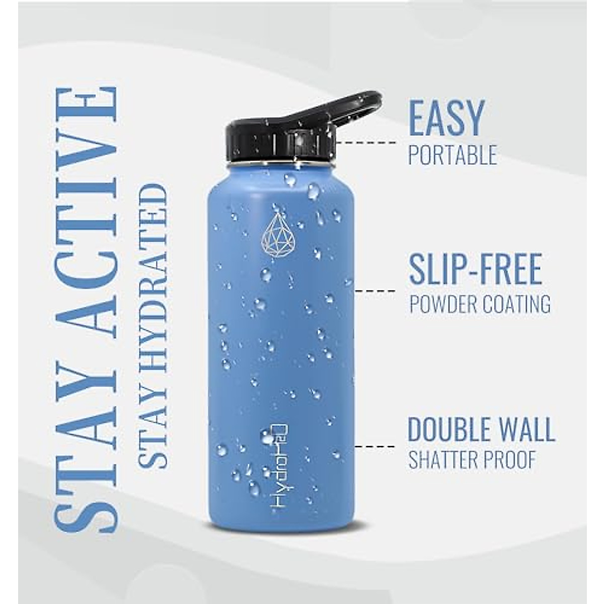 HYDRO H2O 37 oz Insulated Water Bottles with Twist Cap, Stainless Steel Water Bottle, Leak Proof Metal Water Bottle, Resuable Thermos BPA Free Flask, Light Blue