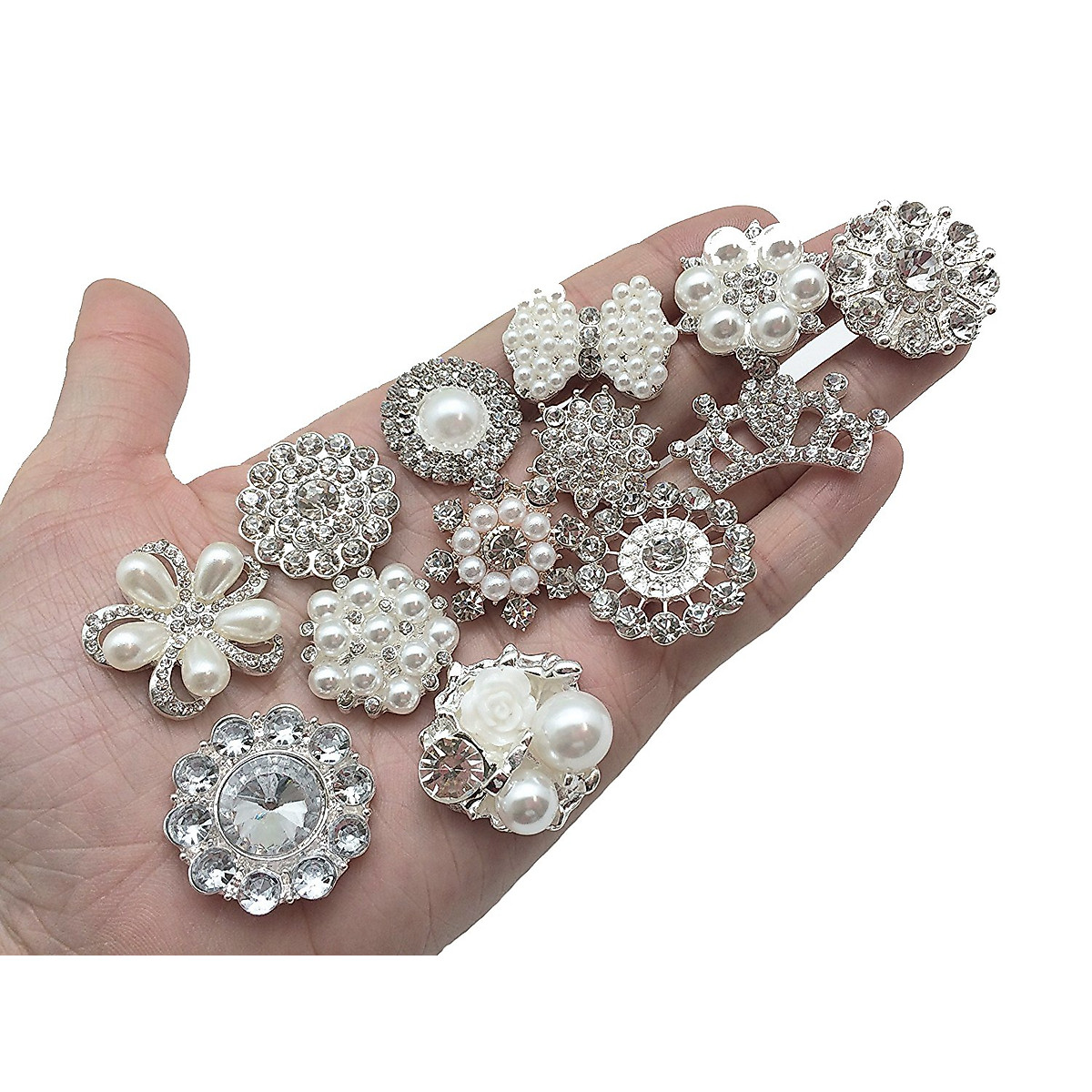 PEPPERLONELY Brand 12PC Mixed Style Acrylic Pearl Rhinestone Flat Back Alloy Metal Embellishments & Sew On Buttons 13/16~1-3/16 Inch