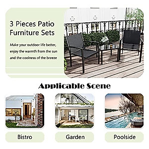 Greesum 3 Pieces Patio Furniture Set Outdoor Conversation Textilene Fabric Chairs for Lawn, Garden, Balcony, Poolside with A Glass Coffee Table, Black