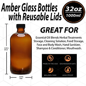 (2 Pack) - 32 oz Amber Glass Boston Round Bottles with Black 33-400 Airtight Phenolic Polycone Caps - Perfect Glass Containers for Secondary Fermentation, Storing condiment, Homemade Essential Oils