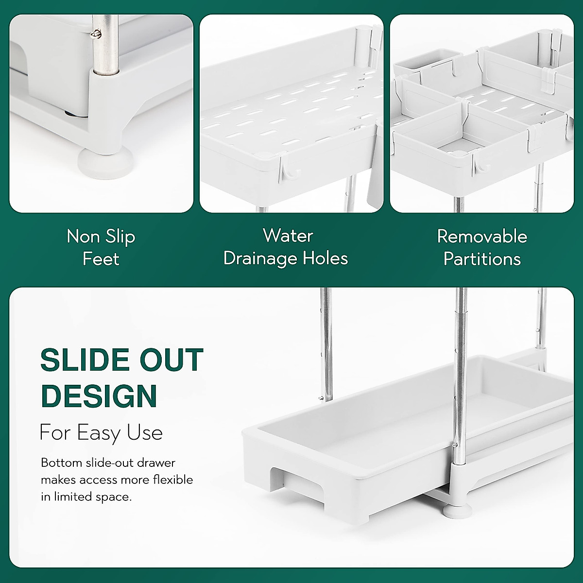 MrSmartSpace Under Sink Organizers and Storage, Adjustable Height 2 Tier Sliding Bathroom Basket, Under Cabinet Storage Shelf, Kitchen Storage Rack with Hooks, Hanging Cup, Dividers, White