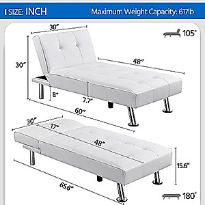 Topeakmart Faux Leather Upholstered Sofa Convertible Recline Sofa Bed for Living Room/Bedroom/Small Apartment Modern Couch Daybed with Chrome Metal Legs Comfortable Versatile Sofa,White