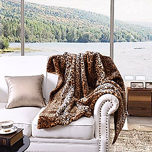 Faux Fur Throw Blanket Leopard Bed Blanket 50"x70" Super Soft Warm Reversible with Flannel Fleece Fuzzy Printed Blanket