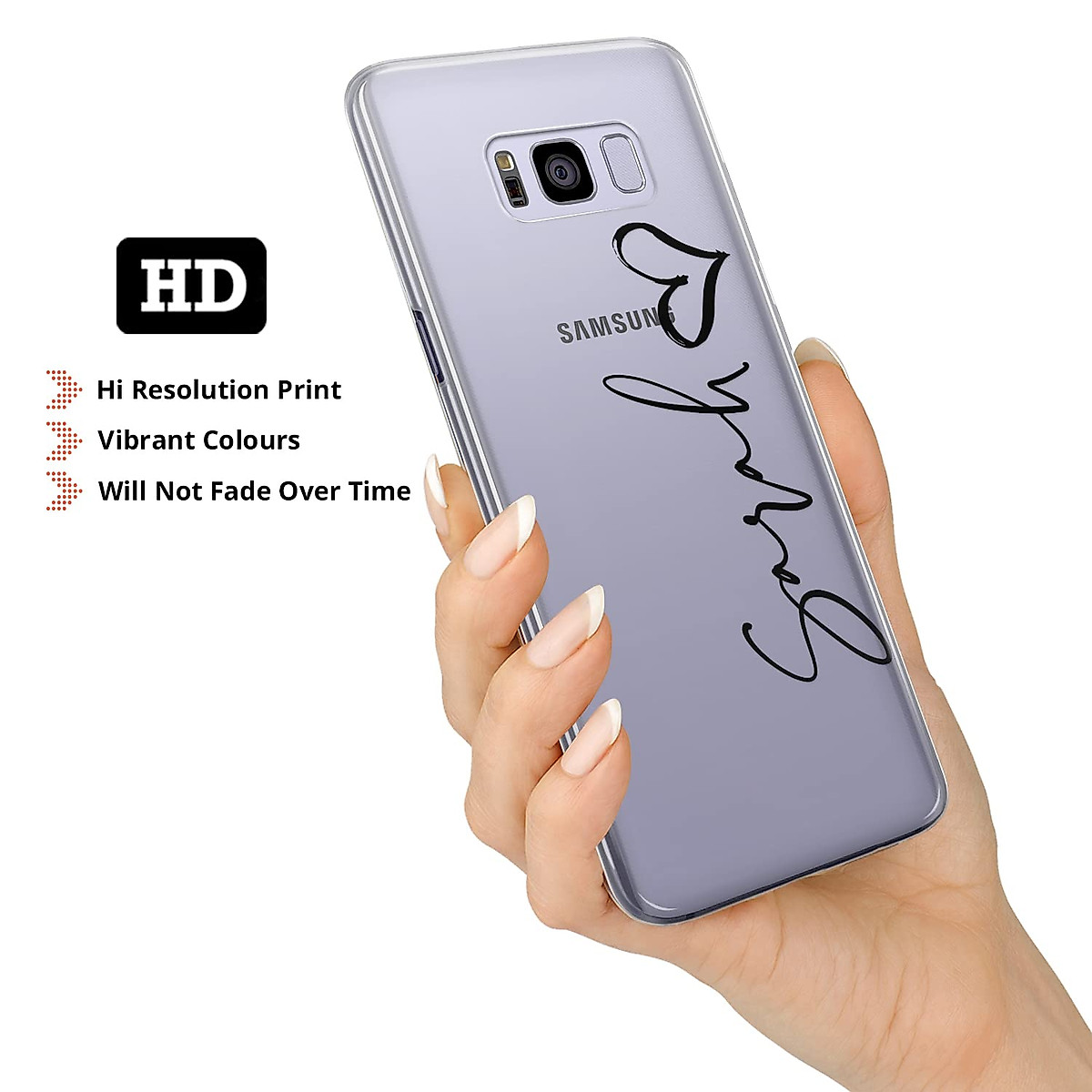 TULLUN Personalized Phone Case for Samsung Galaxy S9 Plus - Clear Hard Plastic Custom Cover Heart Name Individual Style Initials Text - Black Vertical Name&Heart