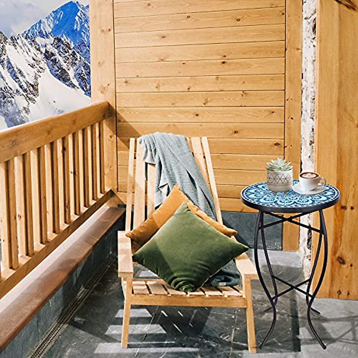 Vipush Outdoor Mosaic Side Table,14'' Round Small Patio Bistro Accent Table Indoor End Table Black Iron Plant Stand for Garden Yard Parch Balcony,Dark Blue