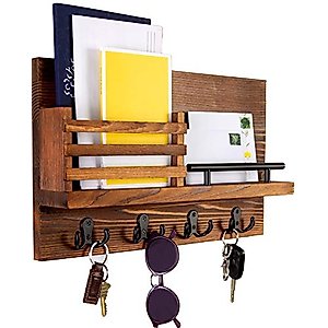 Ripple Creek Key Holder for Wall and Mail Shelf - Decorative Wooden Wall Organizer Rack for Keys, Letters, Bills - Pine Wood Unique Rustic and Industrial Decor - Perfect for Entryway, Kitchen