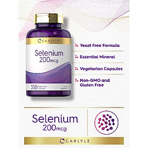Yeast Free Selenium Supplement | 200mcg | 300 Capsules | Vegetarian, Non-GMO, and Gluten Free Mineral Formula | L-Selenomethionine | Value Size | by Carlyle